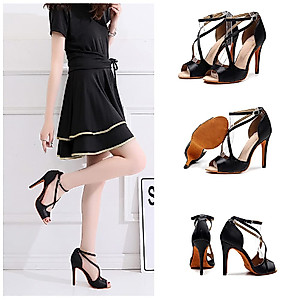 SWDZM Women's Latin Dance Shoes Peep toe Ballroom Salsa Practice Party Wedding Dancing Sandals,Heel-4",Model-1030 Black 7 US