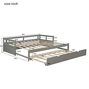 Wood Daybed with Pull Out Trundle, Extending Twin to King Daybed Frame for Boys/Girls/Teens/Adults, Tundle Daybed for Bedroom Dorm Small Place, No Box Spring Needed, Gray 78.1''L x 41.8''W x 23.2''H