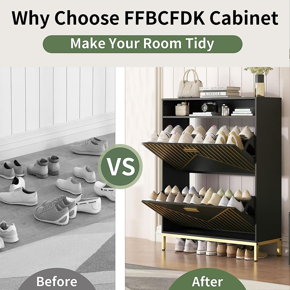 FFBCFDK Shoe Cabinet Storage for Entryway,Shoe Storage Cabinet with 2 Flip Drawers, Shoe Organizer Cabinet with 2 Tier Narrow Shoe Rack Organizer Wooden Shoe Rack for Front Door Entrance, Closet