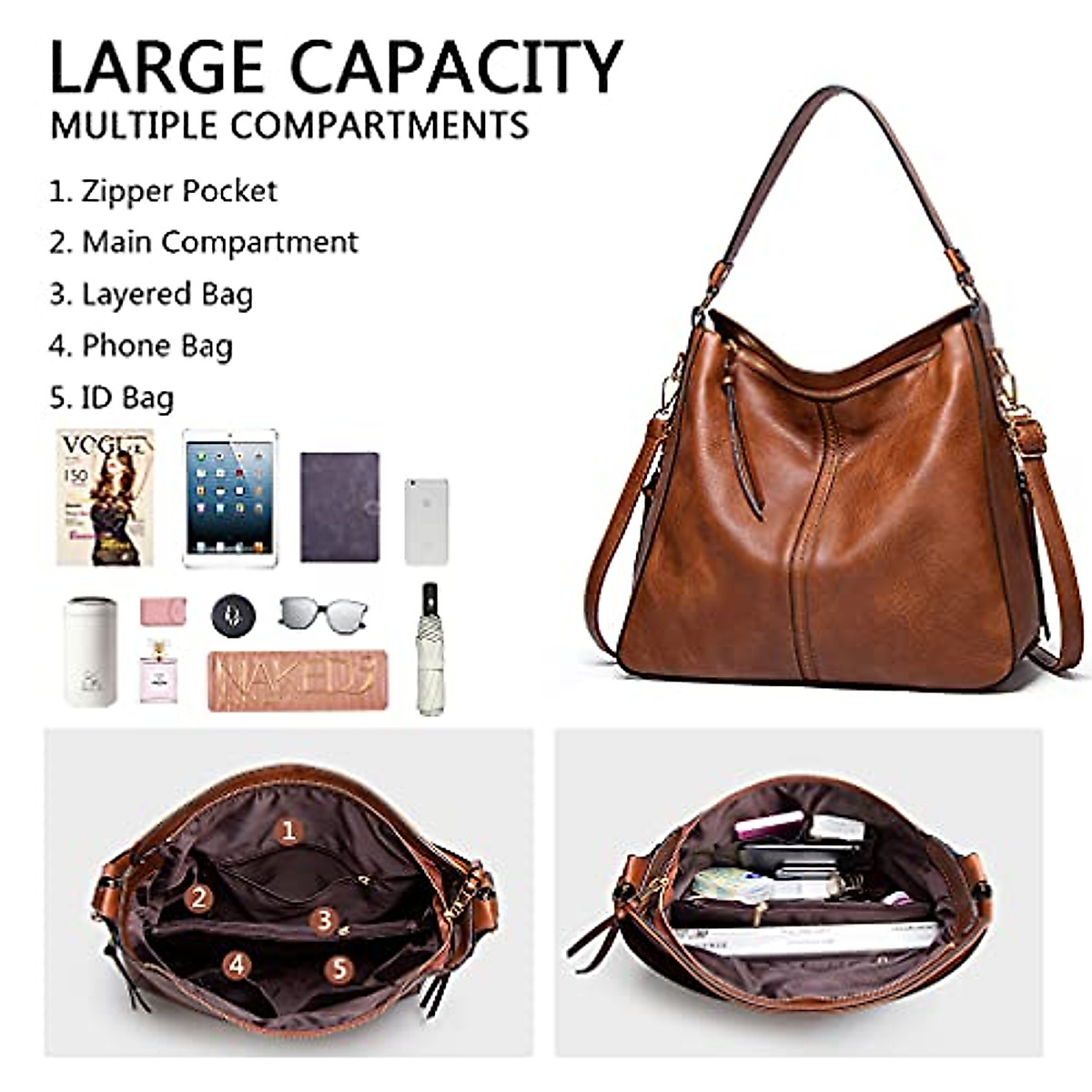Meobvg Hobo Bag Handbags and Purses for Women, PU Leather Large Tote Shoulder Crossbody Shoulder Bags Set 2pcs (Brown)