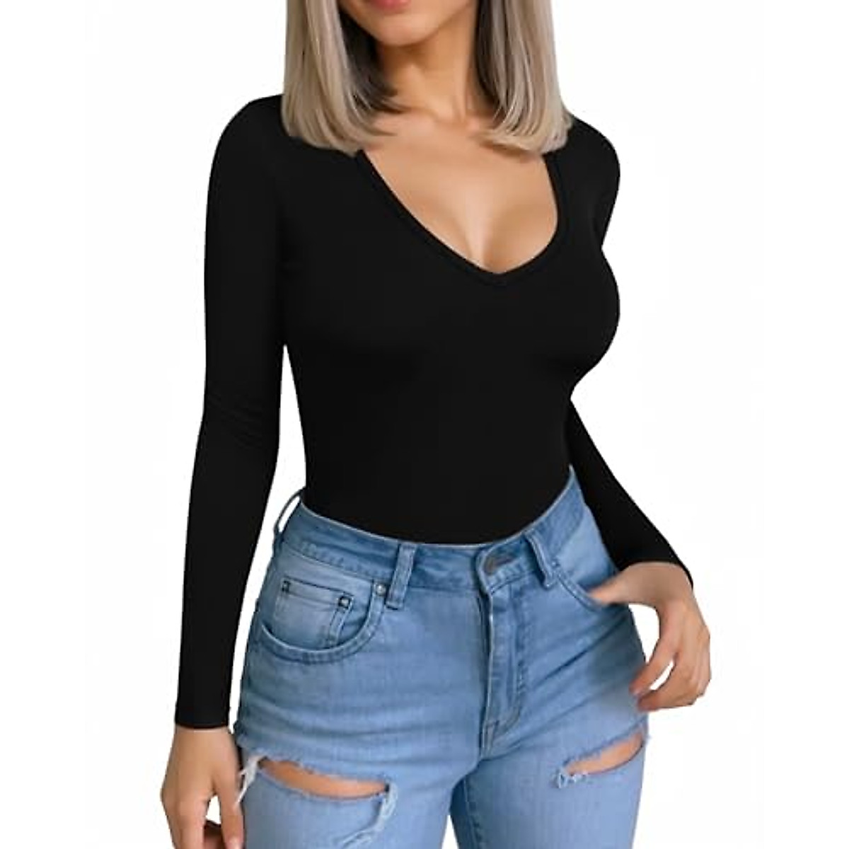 MANGOPOP Women's V Neck Short Sleeve Long Sleeve Slim Fit T Shirt Tunic Tops Tee