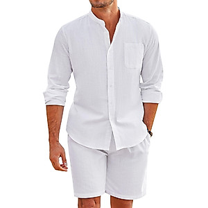 COOFANDY Mens White Beach Shirt And Shorts Casual Long Sleeve V-Neck Beach Shirt And Big And Tall Shorts For Men (White L