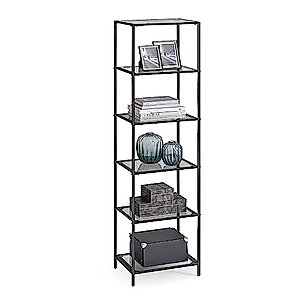 VASAGLE Bookcase, 6-Tier Bookshelf, Slim Shelving Unit for Bedroom, Bathroom, Home Office, Tempered Glass, Steel Frame, Black and Gray ULGT500G01