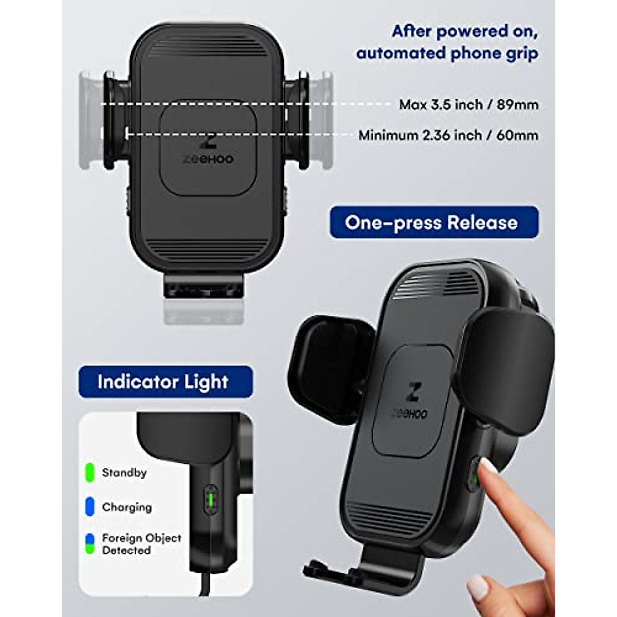 [Upgraded Version] ZeeHoo Wireless Car Charger,15W Fast Charging Auto-Clamping Car Mount, Dash, Air Vent Charging Car Phone Holder for iPhone 14 13 12 11, Samsung Galaxy S23+ S22, etc. (Black)