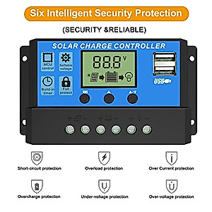 EEEKit 20A Solar Charge Controller, 12V/24V Solar Panel Battery Intelligent Regulator with Dual USB Port PWM Auto Parameter Timer Setting Adjustable LCD Display, Blue