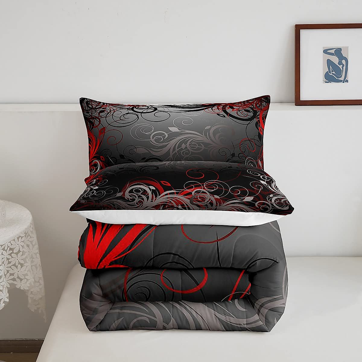 Homewish Gray Floral Swirls Comforter Set Twin Size,Gothic Leaf Bedding Set 2pcs for Kids Teens Adult Room Decor, Abstract Mystic Trippy Quilt Set Black Red Duvet Insert with 1 Pillowcase