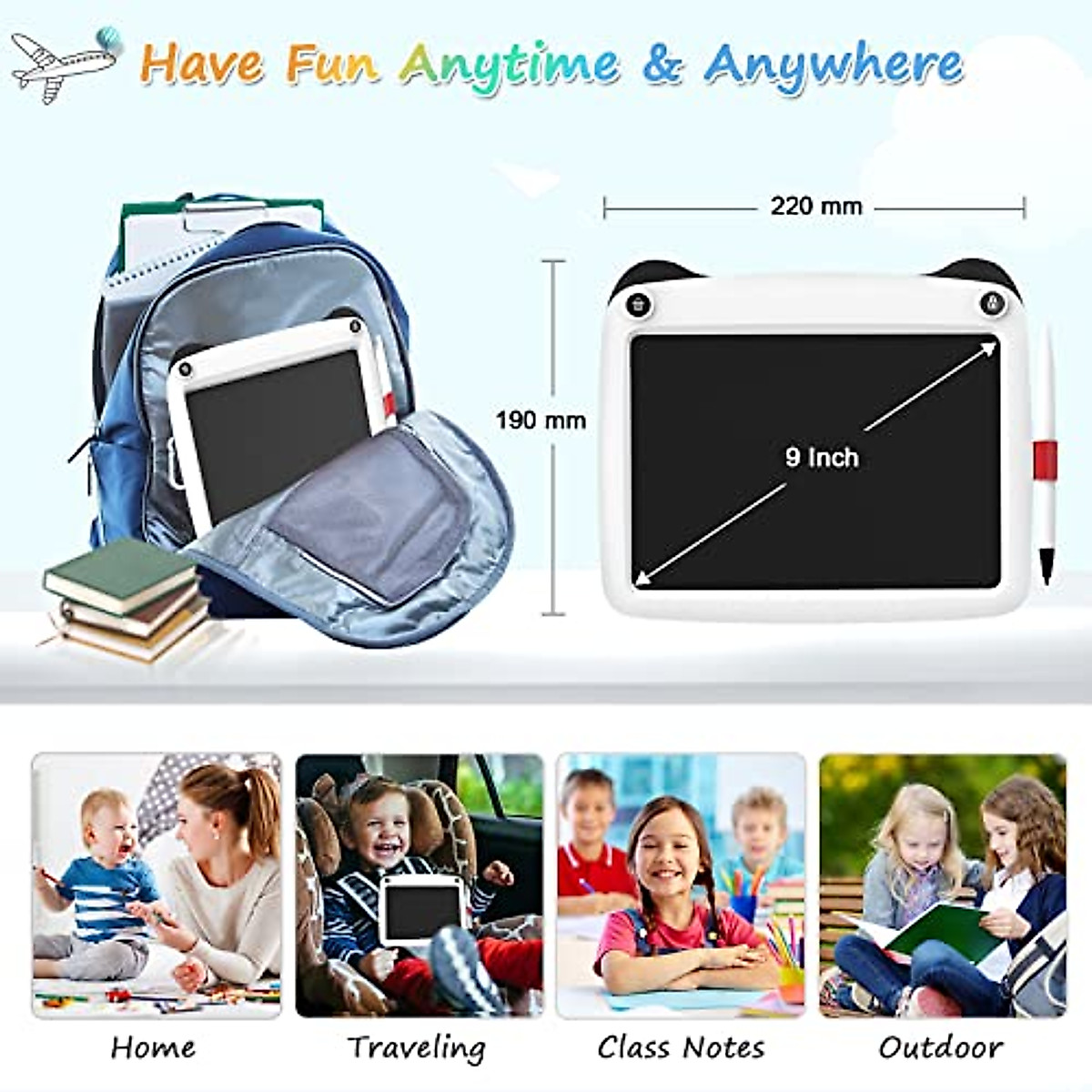 Kids Toys LCD Writing Tablet，9 Inch Colorful Screen Doodle Board，Erasable and Portable Drawing Pad for Birthday Christmas （White）