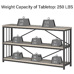 LVB Farmhouse Industrial Console Table, Wood Metal Foyer Entryway Sofa Tables with Storage, 3 Tier Long Rustic Entry Table TV Stand with Shelves for Home Living Room Hallway, Light Grey Oak, 55 Inch