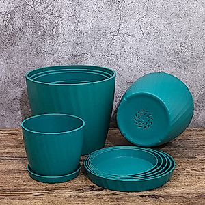 Faxinny Set of 6 Plastic Planters with Saucers ,7.5/7/6.5/6/5.5/4.5 Inch Plant Pots with Drainage Hole and Tray for All Indoor Plants, Flowers, Snake Plant and Succulents ,Green