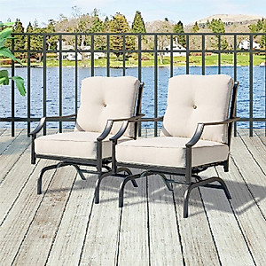 Top Space Rocking Patio Chairs Outdoor Metal Furniture Motion Spring Chair Black Dining Bistro Set with Padded Cushion for Garden Balcony Porch (Beige)