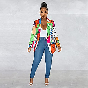 Women's Graphic Print Blazer Button Open Front Long Sleeve Casual Jacket Multicolored X-Large