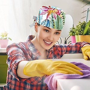 LIFH Ink Paint Cactus Red Rose Flowers Scrub Caps Women, 2 Packs Working Cap with Ponytail Holder, Adjustable Elastic Bandage Tie Back Hats, Medium-3X-Large