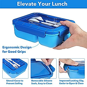 Caperci Premium Bento Box Adult Lunch Box for Older Kids - Leakproof 44 oz 3-Compartment Lunch Containers for Adults and Teens, Ergonomic Design, Built-in Utensil Set & BPA Free (Blue)