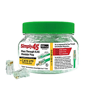 Simply45 Unshielded Pass-Through RJ45 Modular Plugs for 23AWG Solid (Cat6 UTP), 26-24AWG Stranded (Cat5e/6 UTP Stranded) - Green Tint, 100 Piece Jar - S45-1600