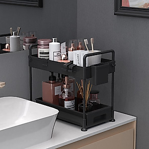 DDmispo Under Kitchen Sink Organizers and Storage, 2 Tier Bathroom Cabinet Undersink Organizer Storage Pull Out Shelf Drawer, Under-Sink Organizers Sliding Rack for Narrow Space