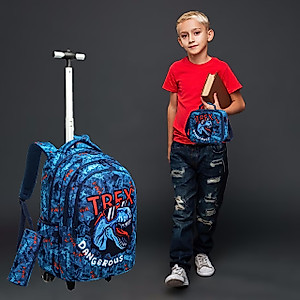 Egchescebo Boys Rolling Backpacks Kids Backpack with Wheels for School Bags Luggage With Wheels Trolley Wheeled Backpacks 3PCS 16“ Dinosaur Travel Bags Boys With Lunch Box Blue