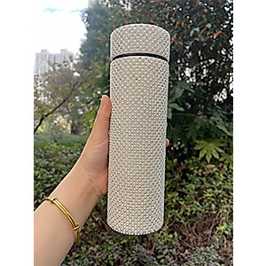 Bling Stainless Steel Water Bottle Rhinestone Vacuum Insulated, Diamond Thermos Water bottle, Glitter Smart water bottle with LED Temperature Display, Bling Gift for Woman Girl kids 500ml 17oz Silver
