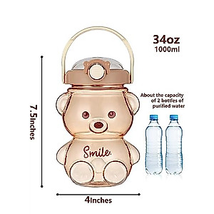 JRIQH Kawaii Bear Straw Bottle,Leak-Proof Water Bottle with Adjustable & Removable Shoulder Strap for Boy and Girls (pink)