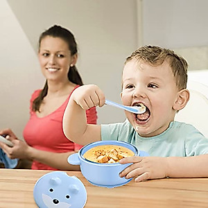 MAISON HUIS Baby Bowls with Suction for Toddlers, Silicone Bowls and Spoon Set for Babies Glass Bowl with Lid BPA Free Baby Led Weaning Supplies and Kids First Stage Feeding(Blue)