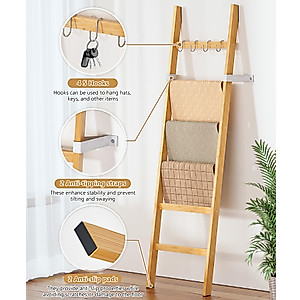 Cozivolife Blanket Ladder 6-Tier,Bamboo Towel Rack with 2 Anti-Tip Straps and 4 Hooks,Ladder Shelf Easy Assembly,Wall-Leaning Blanket Rack,Rustic Decorative Farmhouse Storage (Natural)