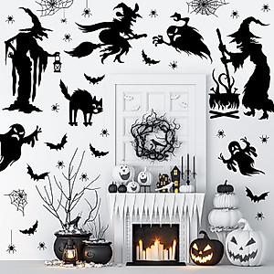 Cholemy 4 Sheets Halloween Wall Decals 35.4 x 11.8 Inch Halloween Wall Sticker Large Witch Spider Bat Pumpkin Wall Decals Removable Halloween Wall Clings for Home Party Decor Supplies