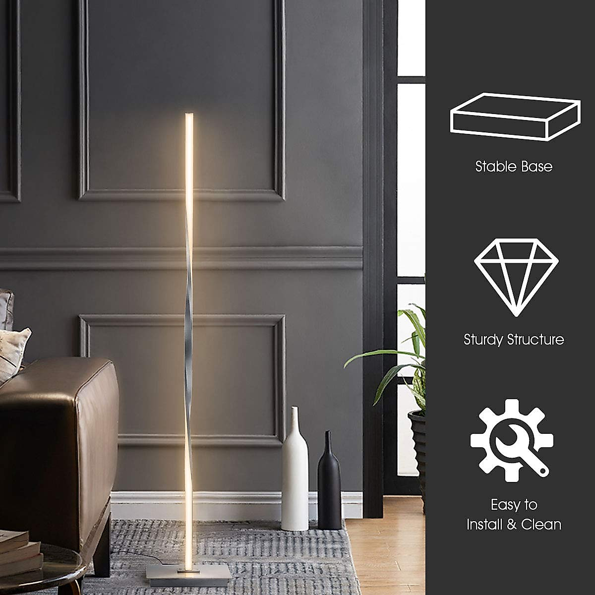 Tangkula Helix LED Floor Lamp for Living Rooms, 48 Inch Modern Tall Bright Contemporary Standing Pole Light with Built-in Foot Switch, for Bedrooms & Offices (Silver)