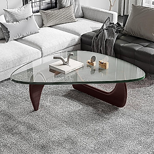 Rimdoc Triangle Glass Coffee Table Modern Noguchi Coffee Table, Vintage Glass, Wood End Table, Solid Wood Base and Clear Glass Top Accent Coffee Table, for Living Room, Patio(Upgraded Version)