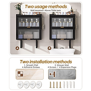 Cozivolife Over The Toilet Storage Cabinet,Bamboo Bathroom Organizer Rack with Lid and 2 Hooks,Space Saver Shelf for Bathroom,No Drilling Design Wall Mounted (Black, L)