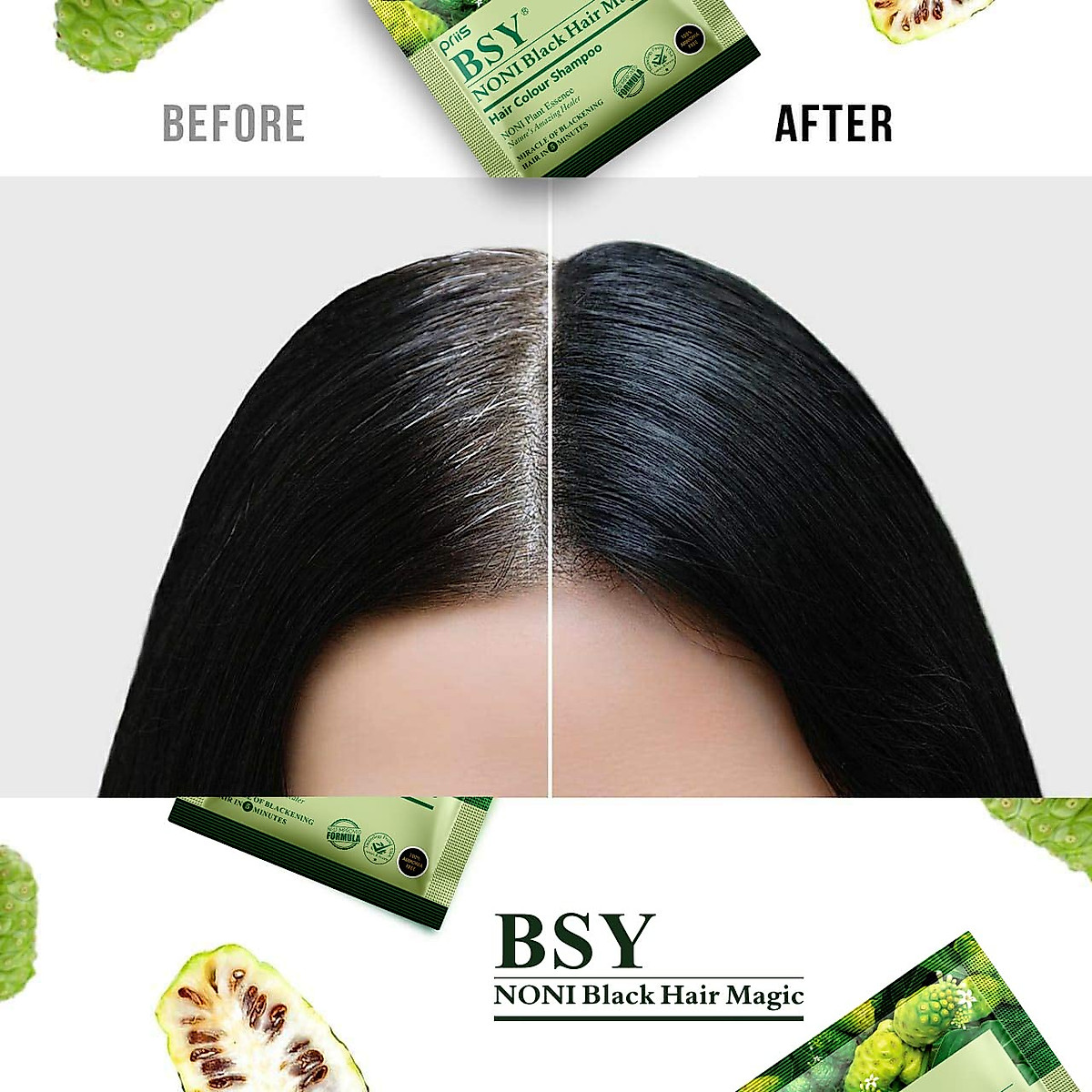 BSY Noni Black Hair Magic Hair Color Shampoo - Ammonia Free, 20ml x 10 Sachets, Natural Black Permanent Hair Dye for Men and Women, Noni Fruit Hair Dye, 5 Minutes Hair Color