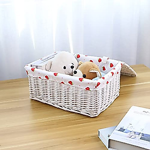 KINGWILLOW Rectangular Storage Basket, Wicker Storage Bin with Lid for Clothes Books Sundries (Strawberry Pattern Lining, Large)