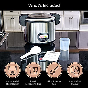 Commercial Stainless Steel Rice Cooker - Professional 60 Cup Cooked (30 Cup Uncooked) Rice Maker Cooker With Non Stick Pot & Hinged Lid - Includes a Rice Measuring Cup & Rice Scoop