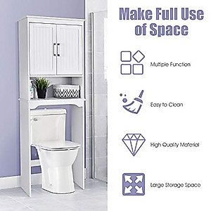 Giantex Over The Toilet Bathroom Space Saver Free Standing Toilet Rack with Adjustable Inner Shelf, Open Shelf and Double Doors 3-Shelf Bathroom Organizer, White