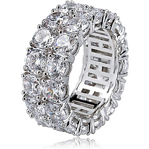 TOPGRILLZ Rings for Men Diamond Ring 9mm Cubic Zirconia Silver Ring for Women 14K Gold Plated Iced out Wedding Eternity Band Chunky Rings