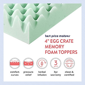 Best Price Mattress 4 Inch Egg Crate Memory Foam Mattress Topper with Calming Aloe Infusion, CertiPUR-US Certified, Short Queen