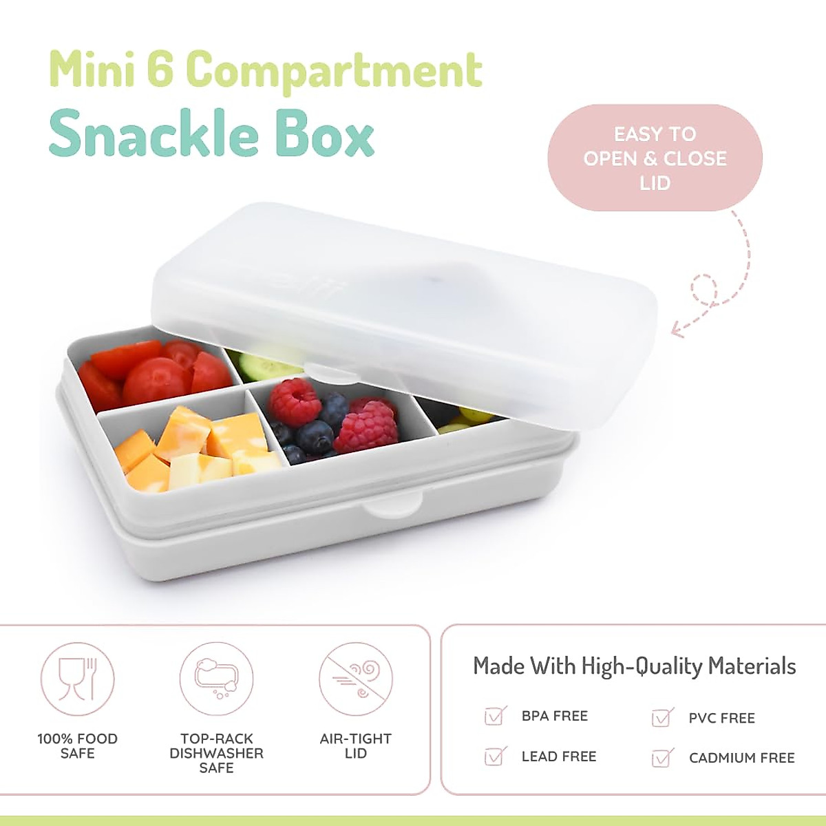 melii Mini Snackle Box – 6 Compartments, Divided Snack Container, Food Storage for Kids and Adults, Removable Dividers, Arts & Crafts, Beads, BPA-Free, Grey