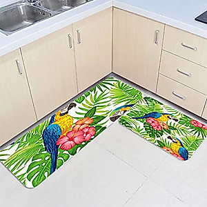 Tropical Plants Kitchen Mats for Floor Cushioned Anti Fatigue 2 Piece Set Kitchen Runner Rugs Non Skid Washable Exotic Monstera Themed Banana Leaves Parrot Jungle 15.7x23.6+15.7x47.2