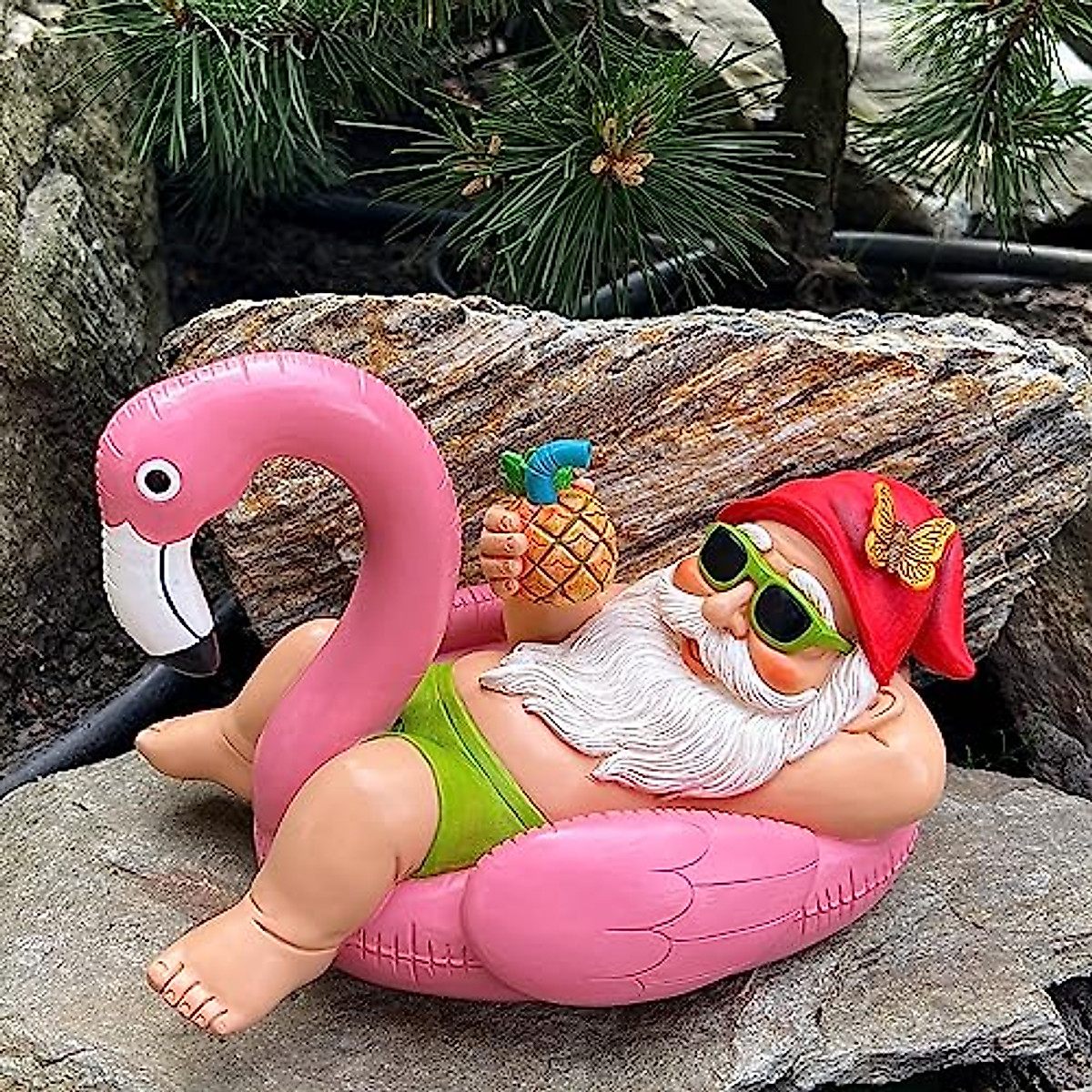 Mood Lab Garden Gnome on Flamingo - Funny Gnome Figurine - 8 Inch Depth Lawn Statue - for Outdoor or House Decor