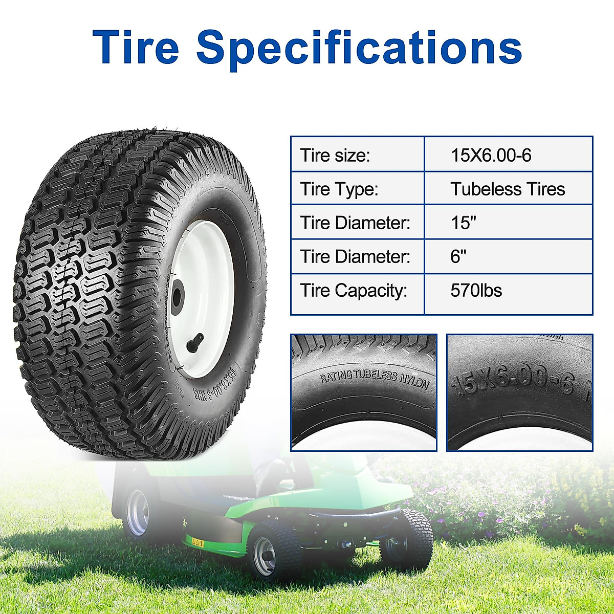 15x6.00-6 Lawn Mower Tires, Riding Lawn Mower Tires 15x6.00-6, 4 Ply Tubeless Lawn Tractor Tires, 3" Offset Hub Long with 3/4" Bushings, Pack of 2