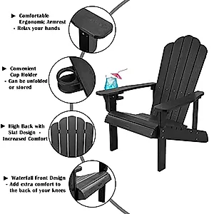 hOmeHua Hard Plastic Adirondack Chair Weather Resistant with Cup Holder, Imitation Wood Stripes, Easy to Assemble & Maintain, Outdoor Chair for Patio, Backyard Deck, Fire Pit & Lawn Porch - Black
