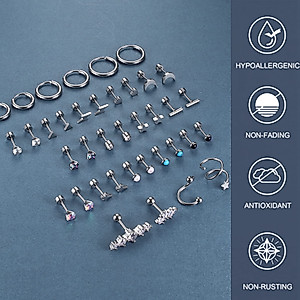 YADOCA 19Pairs Surgical Steel Stud Earrings Set for Women Men Small CZ Heart Star Moon Flat Back Earrings Hypoallergenic 20G Tiny Cartilage Earrings Stud Hoops Helix Tragus Daith Earrings Piercing