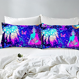 Spiritual Buddha Meditation Duvet Cover Set Trippy Mushroom Colorful Boho Bedding Sets, Full Size 1 Duvet Cover+2 Pillowcases1