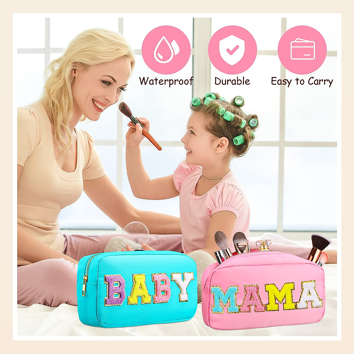 Sanwuta 2 Pieces Nylon Cosmetic Bag Chenille Letter Makeup Bag Pouch Zipper Travel Toiletries Pouch Preppy Patch Cosmetic Travel Toiletry Bag for Women and Girls (Baby and Mama, Pink, Blue)