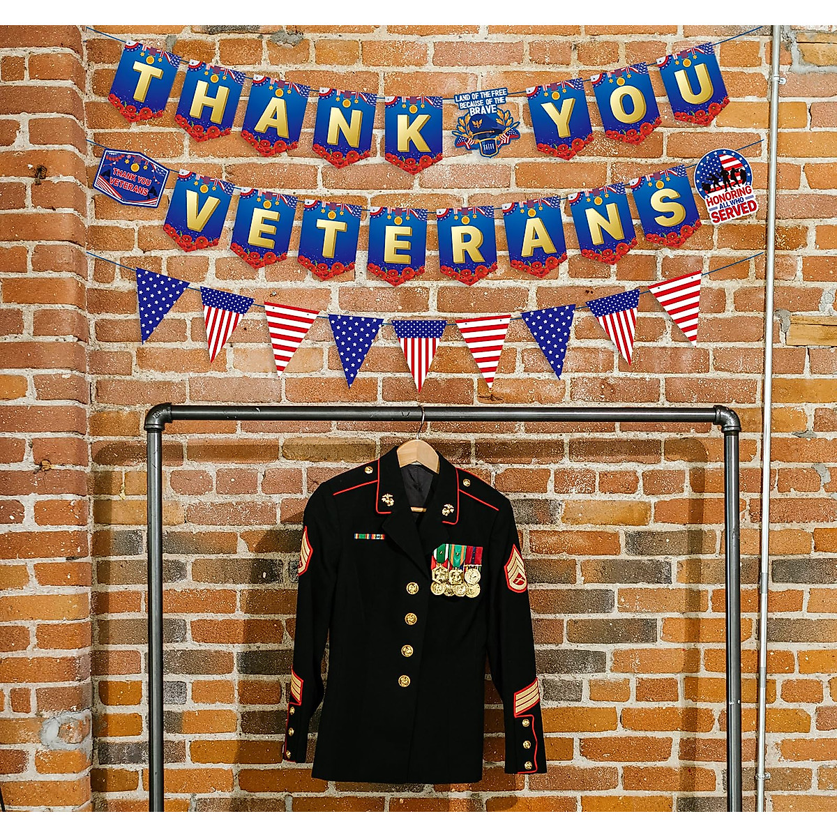YEIRFYY Thank You Veterans Paper Banner and Pennant Banner Veterans Day Thank You for Your Service Bunting Banner Veterans Day Honoring All Who Served America Patriotic Party Decorations