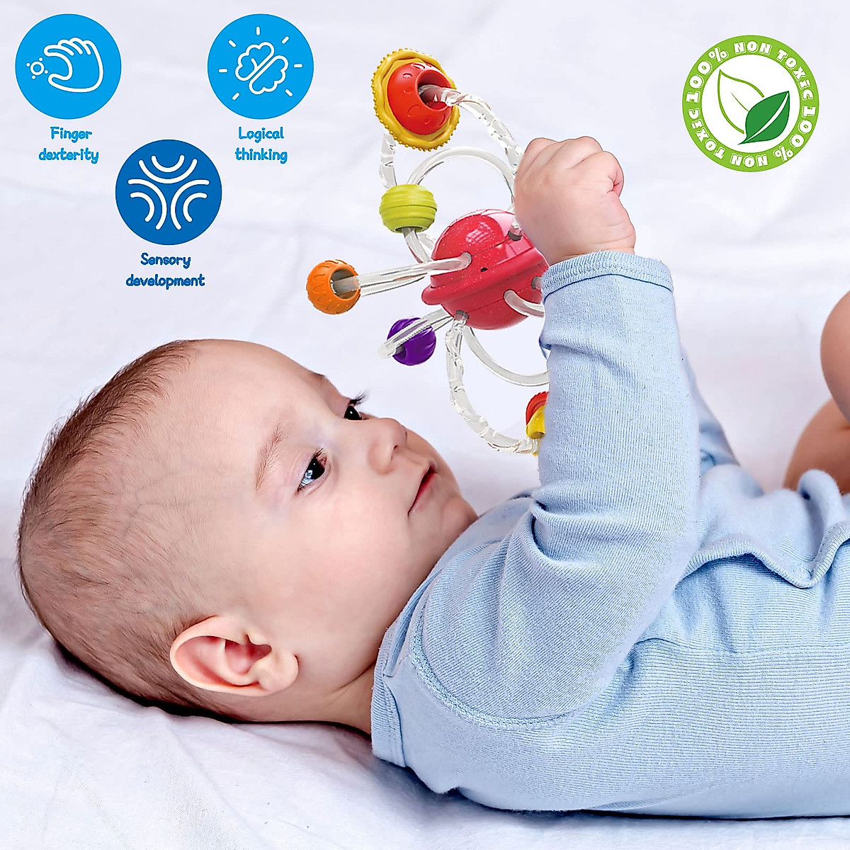 Baby Teething Toys for Babies 6-12-18 Months Textured Planet Hand Catching Ball Hand Teether Baby Rattle Toy 6 to 12 Month Multi Sensory Learning Infant Loop Toy Ball Baby Girl Boy Gift Grasp Chew Toy