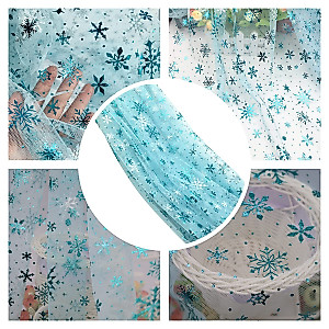 Queenbox 100x150cm Sparkle Snowflake Tulle Sequins Mesh Fabric Glitter Snow Flower Net Gauze for Christmas Wedding Party, Sky Blue + Blue Star