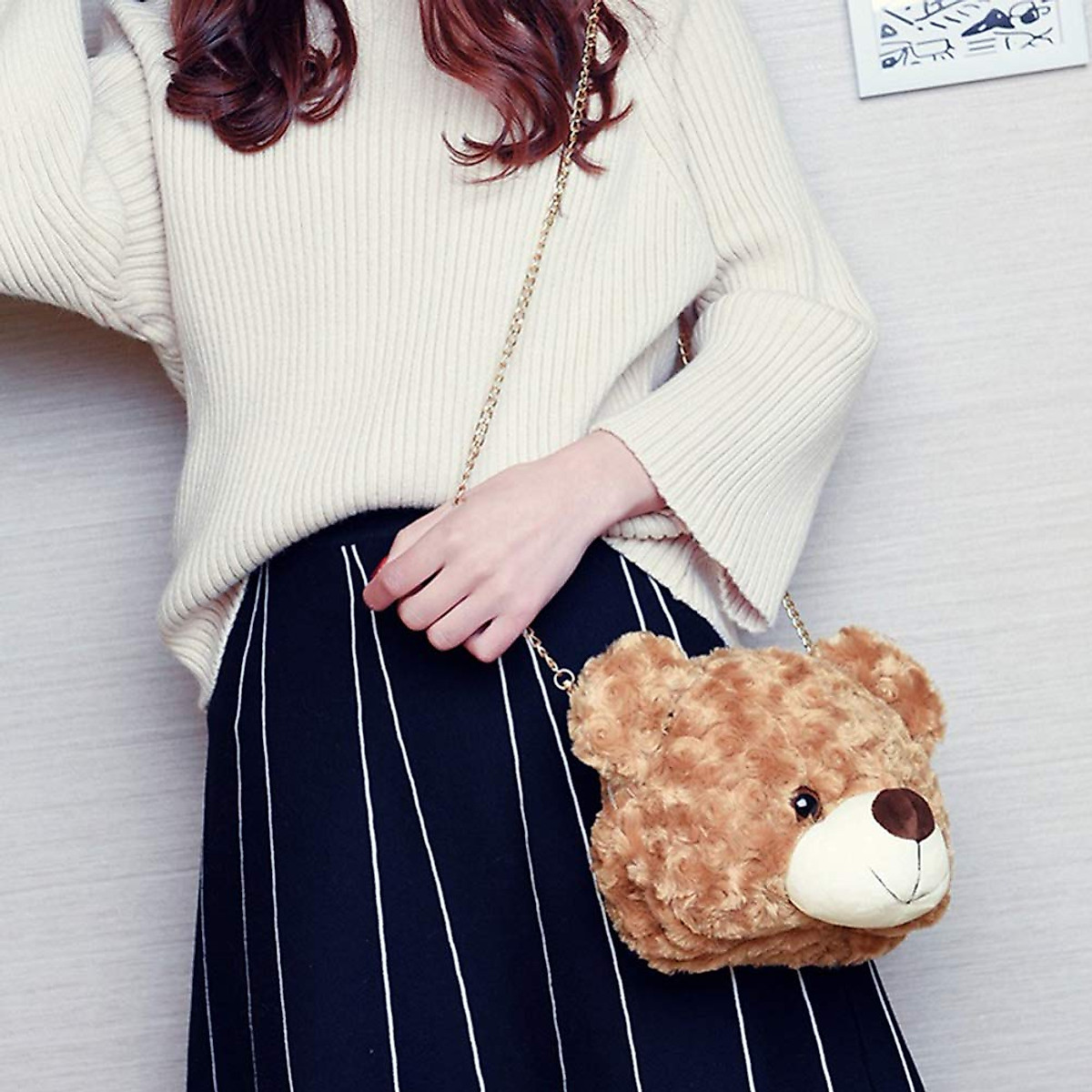 VALICLUD Storage Bag Crossbody Bag Cute Bags Lovely Cartoon Shaped Shoulder Bag Plush Chain Bag for Girls Women Head Bags Coffee Bear Purse Plush Shoulder Bag