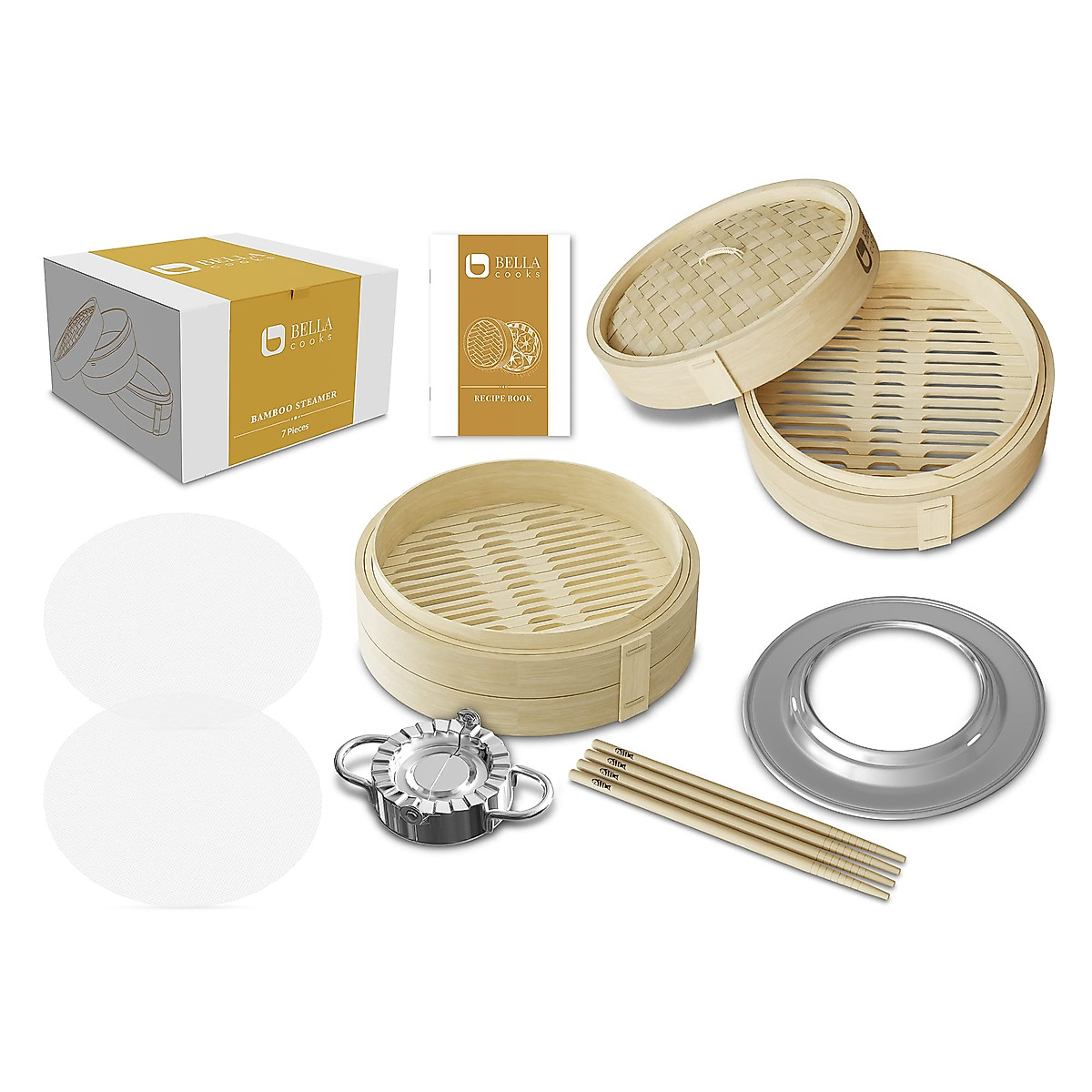 BELLA COOKS Bamboo Steamer for Cooking - Steamer Basket with a Ring - Fits every Pan & Pot - Dumpling Steamer - Incl. Extra Chopsticks & Silicone Liners