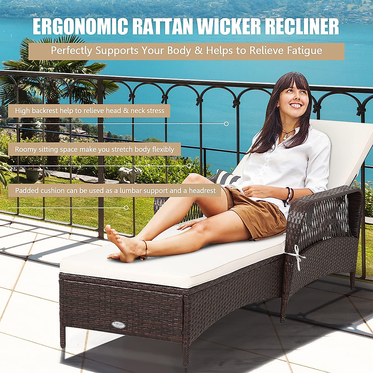 HAPPYGRILL PE Rattan Lounge Chair Outdoor Recliner Patio Chaise Lounger with Extra Waist Pillow, Reclining Chair with 6 Adjustable Gears for Outdoor Beach Pool Backyard