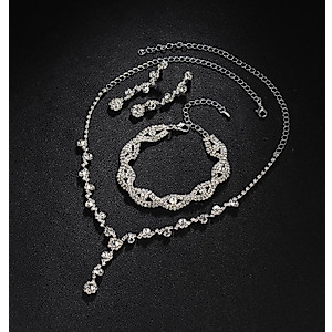 YANODA Clear Crystal Wedding Jewelry for Bride Rhinestone Necklace Earrings Bracelet Jewelry Set for Wedding Silver-Tone Bridal Bridesmaid Wedding Evening Party Prom Jewelry Set