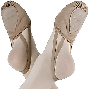 DANCEYOU Stretch Canvas Lyrical Shoes for Girls Womens Half Soles Pirouette Contemporary Turners Dance Shoes, Tan, XS